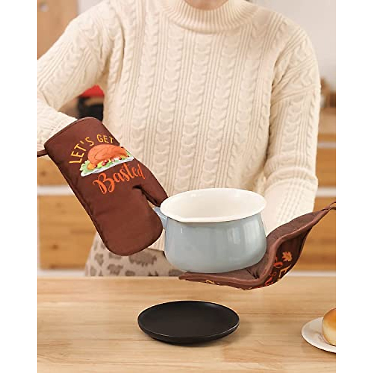 Thanksgiving Apron Mitt and Pot Holder Thanksgiving Kitchen Gift Set Happy Thanksgiving Fall Turkey Cooking Chef Adjustable Baking Apron Funny Housewarming Friendsgiving Wedding Gifts for Women