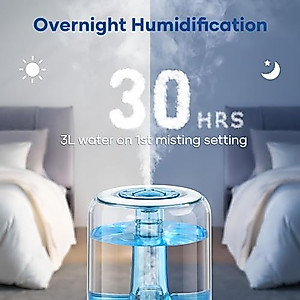 HiLIFE Humidifiers for Bedroom, 3L Ultrasonic Cool Mist Humidifiers for Home Baby Nursery & Plants, Quiet Top Fill Air Humidifier Lasts Up to 30 Hours, Auto Shut-Off, Filterless