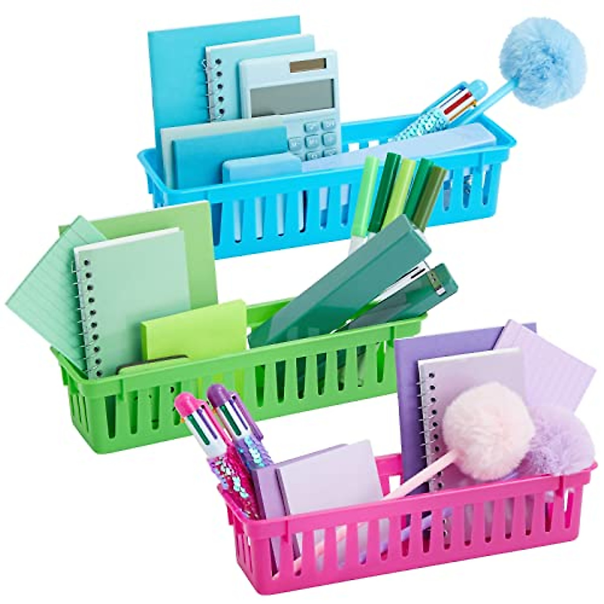12-Pack Small Pencil Holder Trays, Elementary Teacher Supplies for Classroom Must Haves, Caddy, Plastic Organizer Baskets for Office Storage, Organization, Decorations (Rainbow, 10.0x2.9x2.4 in)