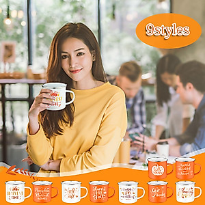 Suttmin 9 Pcs Fall Coffee Mugs Thanksgiving Enamel Mug Pumpkin Autumn Cup Hello Fall Give Thanks Sign 12 oz Camping Tea Orange White Cup Decor for Halloween Party (Pumpkin)