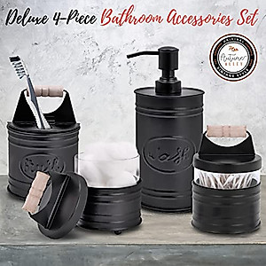 Autumn Alley Rustic Farmhouse Black Bathroom Accessories Set (4 PCS) - Lotion Soap Dispenser, Toothbrush Holder, 2 Apothecary Jars (Qtip Holder) - Rustic Farmhouse Bathroom Decor