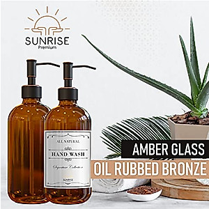 Sunrise Premium 2 Pack Amber Glass Soap Dispenser 16 OZ with Oil Rubbed Bronze Stainless Steel Pump, Hand and Dish Soap Dispenser Set for Bathroom and Kitchen Sink with 6 Waterproof Labels