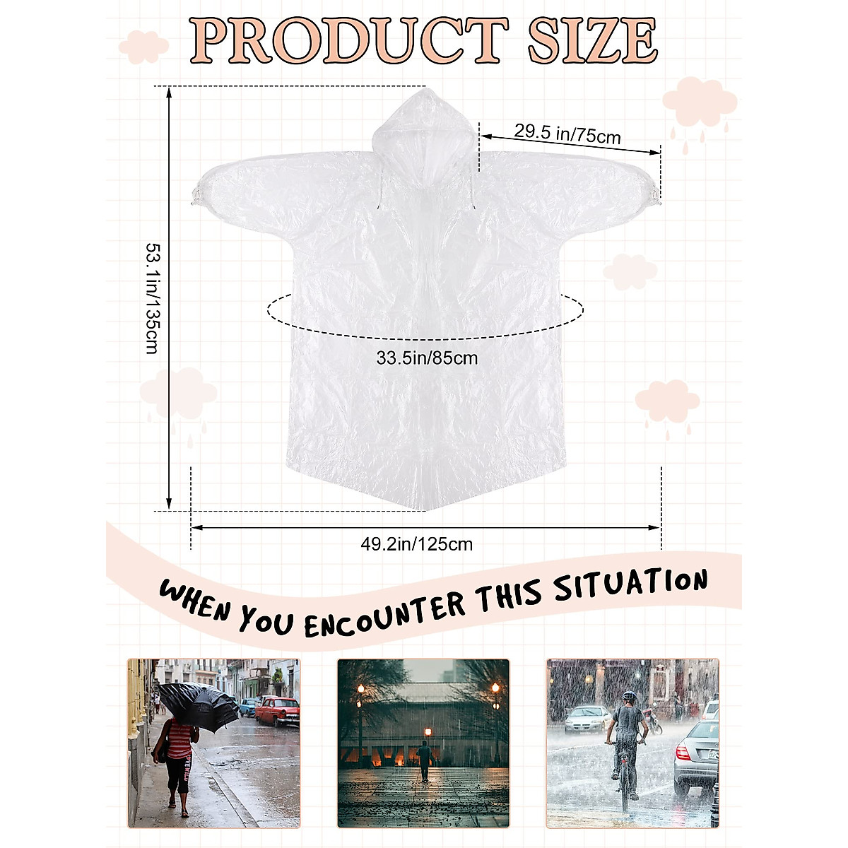 40 Pack Disposable Rain Ponchos for Adults Disposable Ponchos Pack with Drawstring Hood Elastic Sleeves Raincoat for Camping (Clear White)