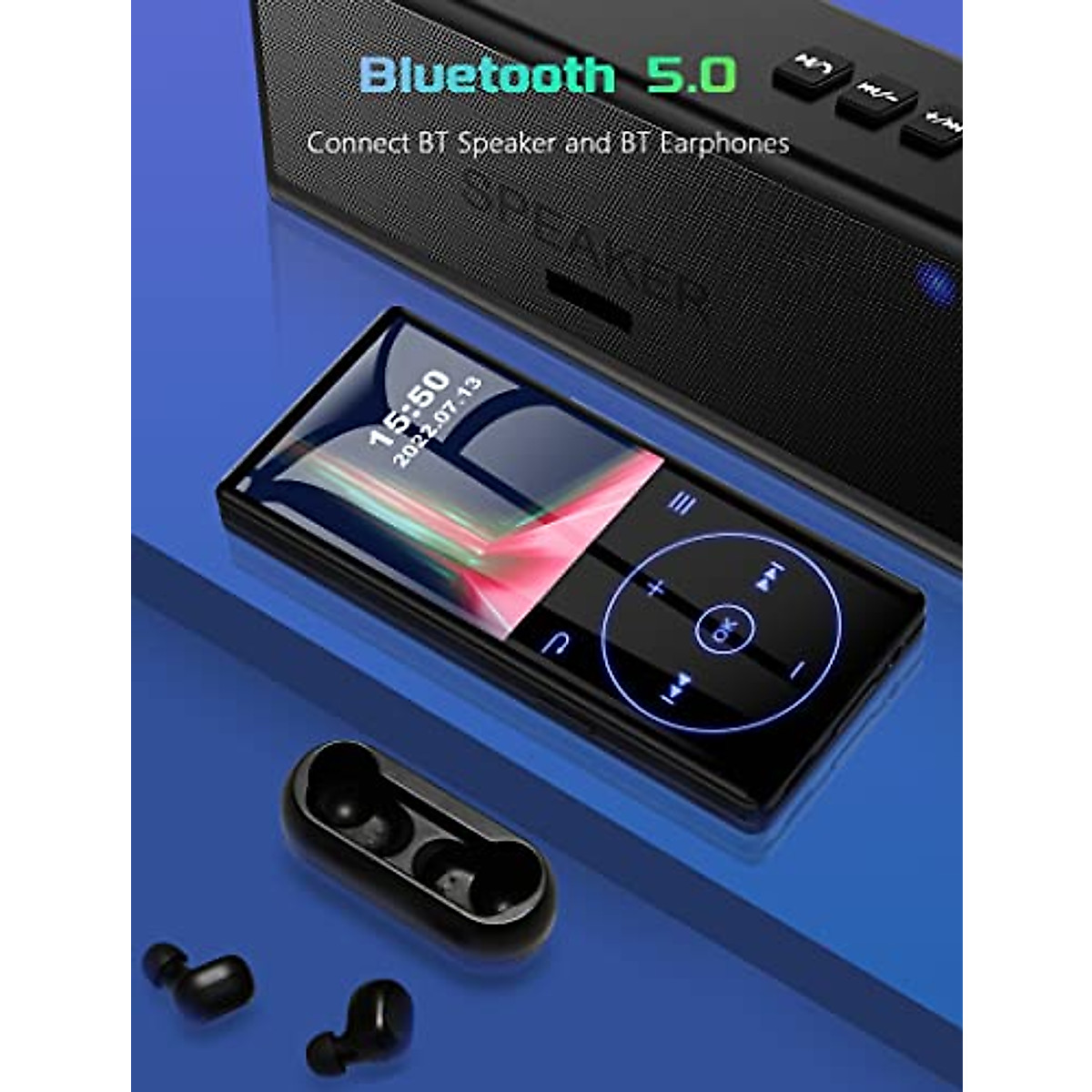 48GB MP3 Player with Bluetooth 5.0: Portable Lossless Sound Music Player with HD Speaker,2.4" Screen Voice Recorder,FM Radio,Touch Buttons,Support up to 64GB for Sport, Earphones Included
