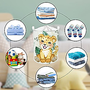 Clastyle Woodland Animal Leopard Nursery Hamper Green Tropical Palm Leaves Laundry Basket Round Toy Clothes Storage Basket for Kid Bedroom