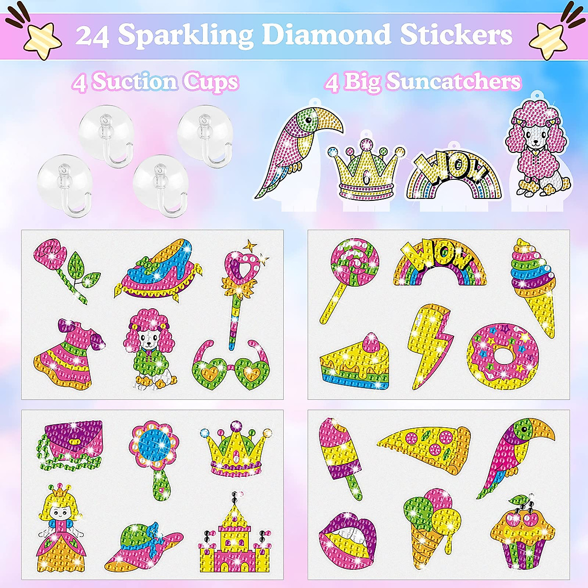 MEIEST Gem Diamond Painting Kits for Kids,24 PCS Fun DIY Mosaic Stickers by Numbers Kits,4 PCS Sparkly Suncatchers Creative Arts and Crafts Set and Handmade Gift(Sweets + Magical)