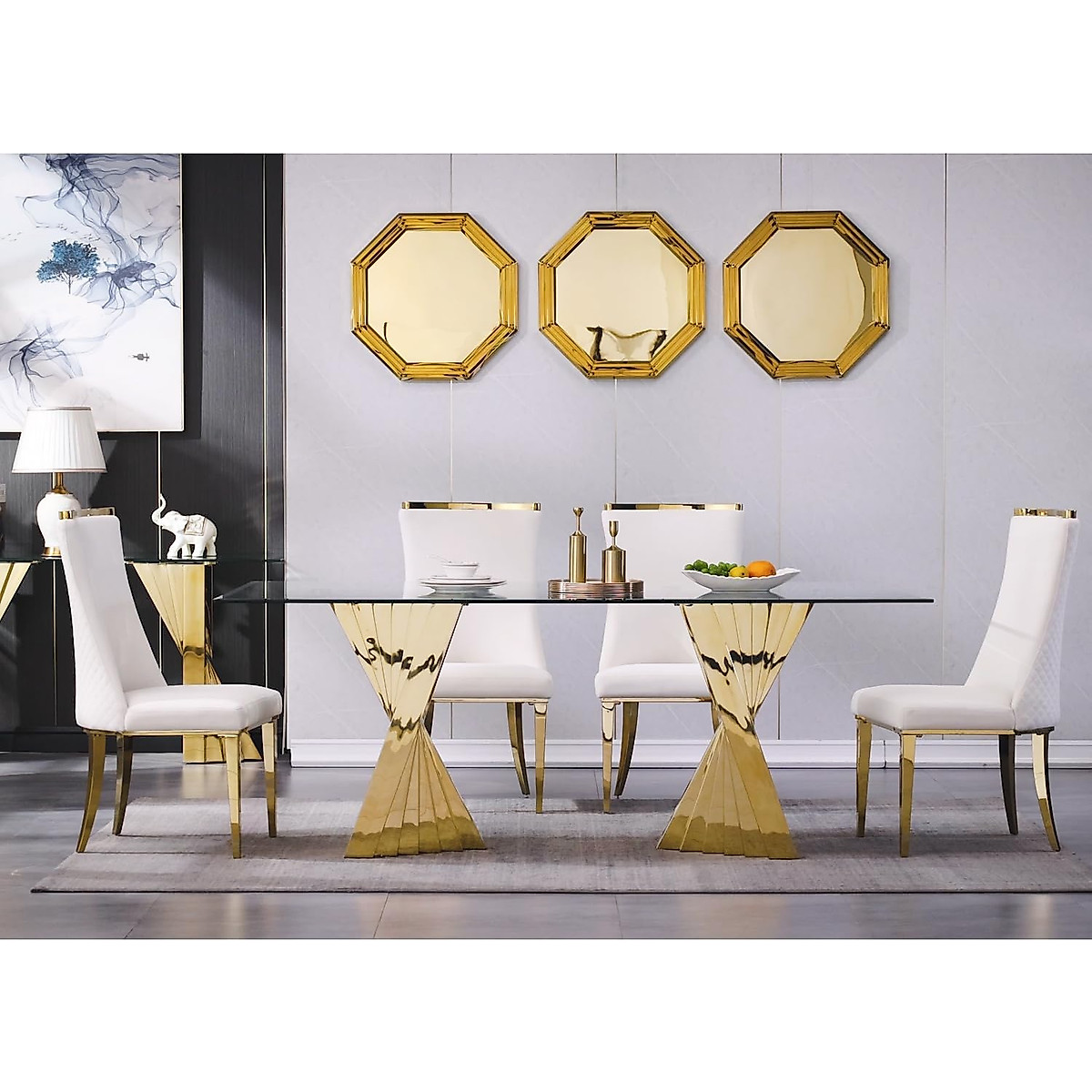 AZhome White and Gold Dining Chairs Set of 4, White Velvet Dining Room Chairs with Reticulate Texture Back and Metal Trim Top, Upholstered Chairs with Gold Stainless Steel Legs