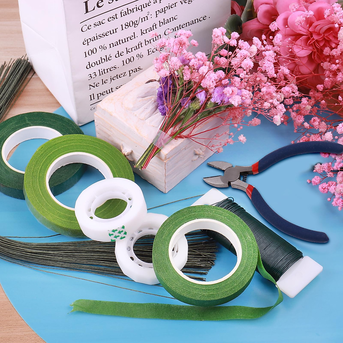GLAMFIELDS Floral Arrangement Kit with Cutter, 5 Rolls 1/2" Wide Floral Tapes, 100 pcs 26 Gauge Floral Stem Wire, 1 Roll 22 Gauge Floral Wire for Bouquet Stem Wrapping and Floral Crafts