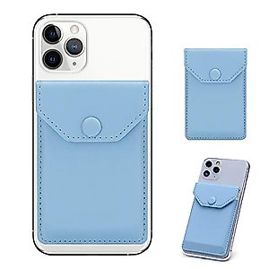 YUNCE Self Adhesive Cell Phone Leather Wallet, Stick On Card Holder fits Most Cell Phones & Cases, Credit Card Holder Pocket Wallet for Men Women - RFID Blocking Sleeve Covers [Light Blue]