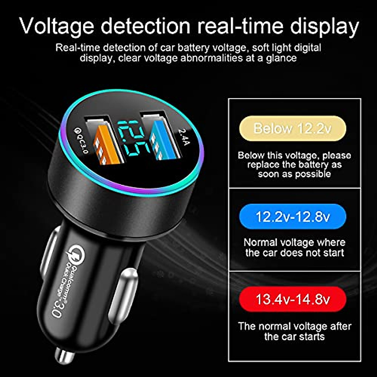 USB C Car Charger Adapter, Dual QC3.0 Ports Car Charger, All Metal Quick Charge with LED Voltage Display, Cigarette Lighter Car Adapter, Compatible with iPhone11 pro/Xs/Max, Galaxy Note 8/S9 and More