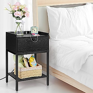 Vrisa End Table with Charging Station Night Stand with Flip Drawer Storage Black BedsideTable with USB Ports & Outlets, 3-Tier Nightstand Side Table for Bedroom, Living Room, Small Space