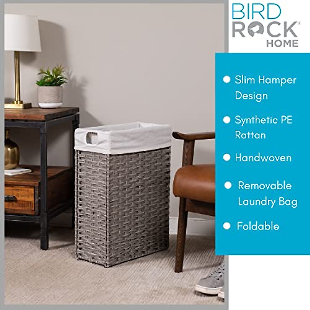 BIRDROCK HOME 22" Slim Laundry Hamper with Removable Liner Bag | Grey | Handwoven | Compact Collapsible Clothes Basket | Synthetic PE Rattan