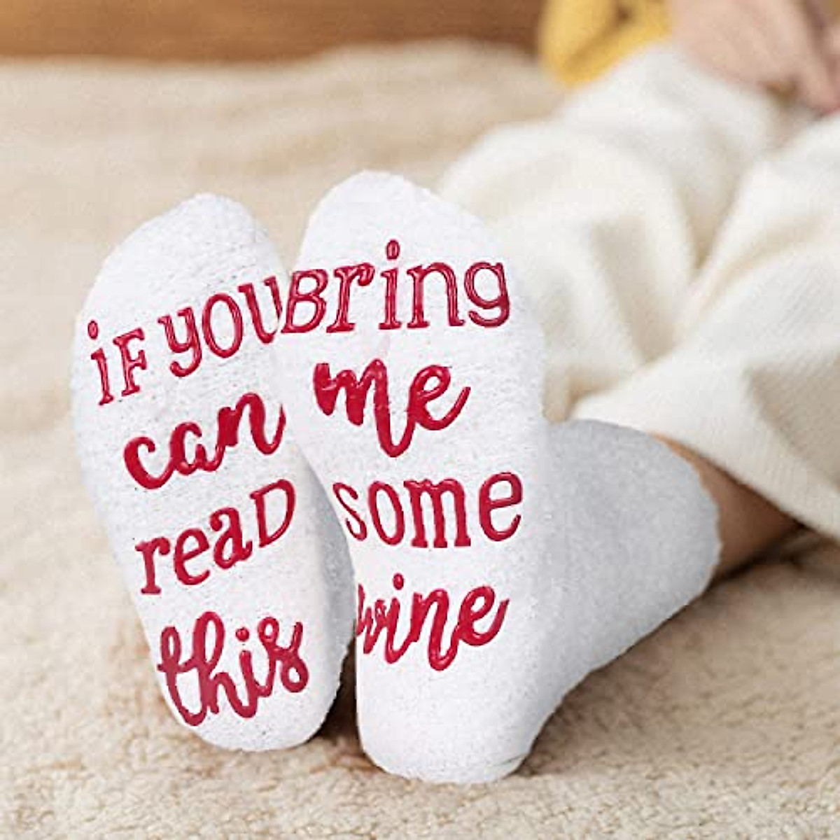 If You Can Read This Bring Me Some Wine Socks Wine Gifts for Women Girls Funny Novelty Fuzzy Socks Christmas Stocking Stuffer Slipper Socks Non Slip Home Hospital Socks, Blue