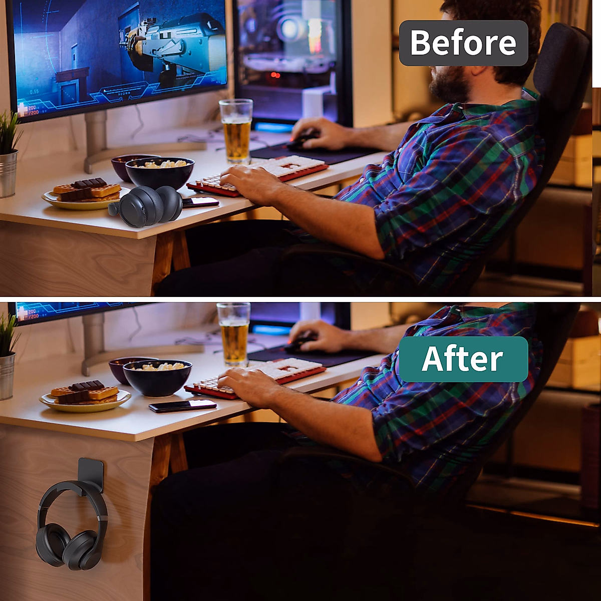 HomeMount Headphone Stand Headset Holder - Adhesive Gaming Headphone Hanger Hook Desk Mount for Most Headphone & Controller (Black)