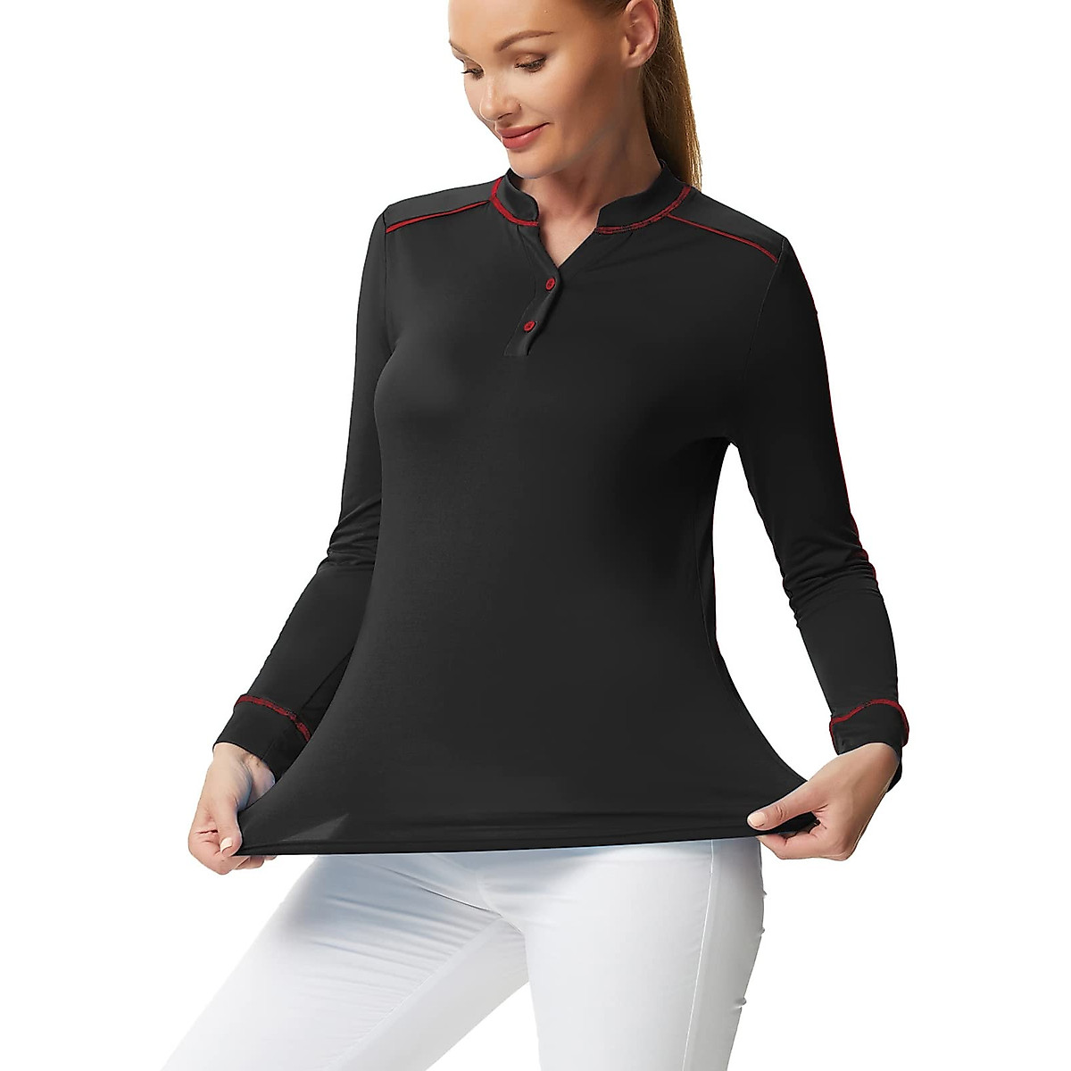 Women's UPF 50+ Golf Polo Shirts Collarless Long Sleeve Tennis Shirt Lightweight Quick Dry Athletic Tops(Black,S)