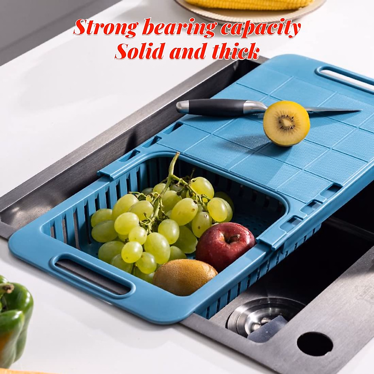 Multifunctional Chopping Board, Plastic Kitchen Sink Strainer with Stoarge Basket 3 in 1 for Cutting Washing Draining (Off White)