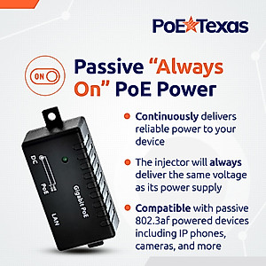 Poe Texas PoE Injector - Single Port Power Over Ethernet Passive PoE Adapter - 10/100/1000 Gigabit Data Accepts 12v to 56v DC - Plug & Play Home Office VoIP Phone WiFi AP - Power Supply Not Included