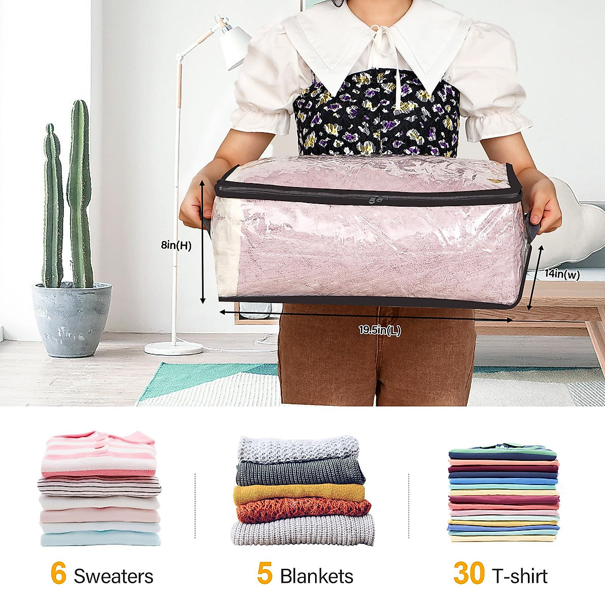 Fixwal 2pcs Clear Clothes Organizer Storage Bags, Foldable Bed Sheet Comforter Storage Bags PVC Organizers with Zipper for Sweaters, Bedding Sets, Closet(35l, 9.5 Gallons)