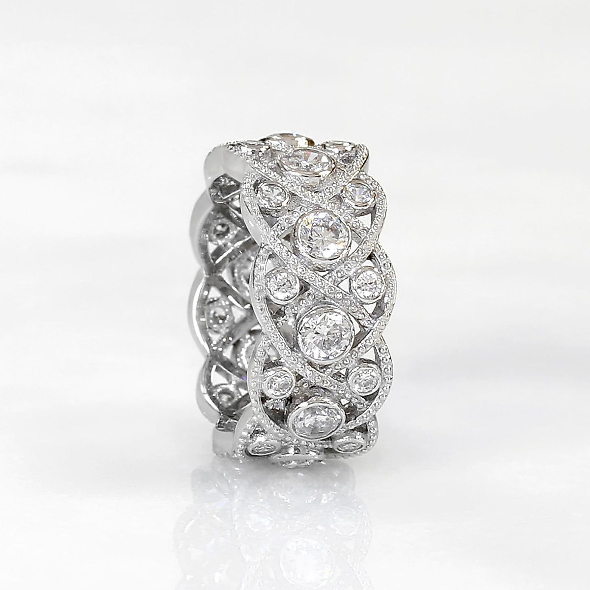 DoubleAccent Platinum Plated Sterling Silver Ring 1.75 CT CZ Stone Bezel Wedding Band Vintage Eternity Wide Band Ring, 8mm (Size 5 to 9), 7