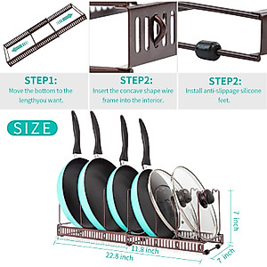 Drengdrau Expandable Pots and Pans Organizer Rack, Adjustable Pot Lid Organizer Holder, Cutting Board Organizer with 10 Dividers for Kitchen Counter Cabinet Bakeware Organizer, Bronze