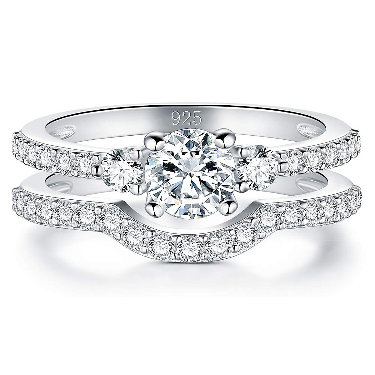 BORUO 925 Sterling Silver Ring, Cubic Zirconia CZ 2pc Wedding Band Stackable Ring Set Size 8