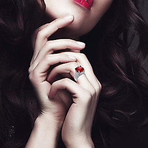 Uloveido Women's Rhodium Plated Volcanic Flame Design Big Red Statement Ring Cushion Cut Cubic Zirconia CZ Solitaire Rings Wedding Engagement for Women (Size 7) RA0414