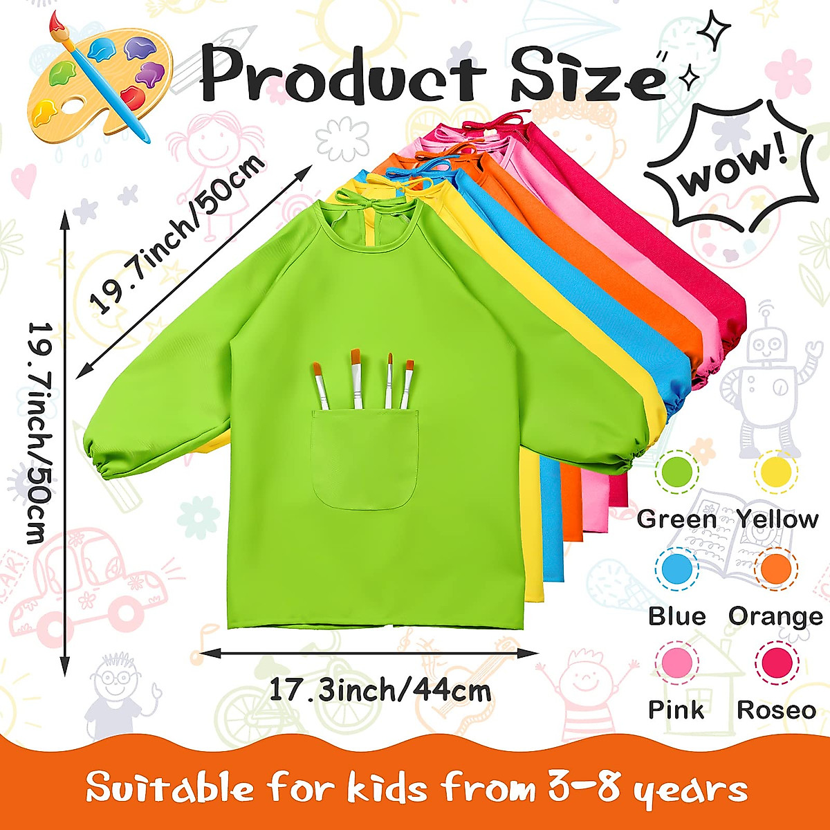 Geyoga 6 Pcs Art Smock for Kids Colorful Painting Artist Smock Waterproof Apron Toddler Full Coverage Long Sleeve Apron with Pocket for School Class, for Age 3 to 8