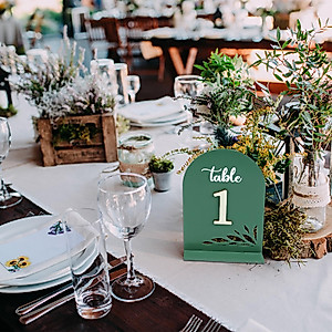 10 Pcs Wedding Table Number Wooden Arch Wedding Reception Number Centerpiece Set 5" X 7" Tables Number Sign with Wooden Base Rustic Country Wedding Olive Green Wedding Party Decor