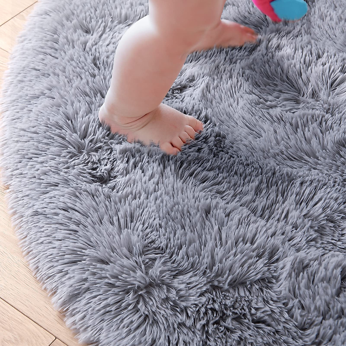junovo Round Rug 4x4 Feet Fluffy Soft Area Rugs for Kids Girls Room Princess Castle Plush Shaggy Carpet Cute Circle Nursery Rug for Kids Girls Bedroom Baby Room Home Decor Circular Carpet, Grey