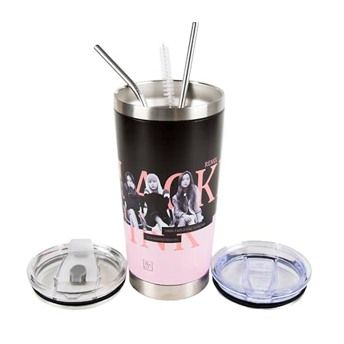 Maxerkeep 20OZ Tumbler with Leak-Proof Straw Lid & Flip Lid， 2 Metal Straws,1 Cleaning Brush，Insulated Coffee Mug Water Cup Black and Pink water bottle jisoo jennie rose lisa