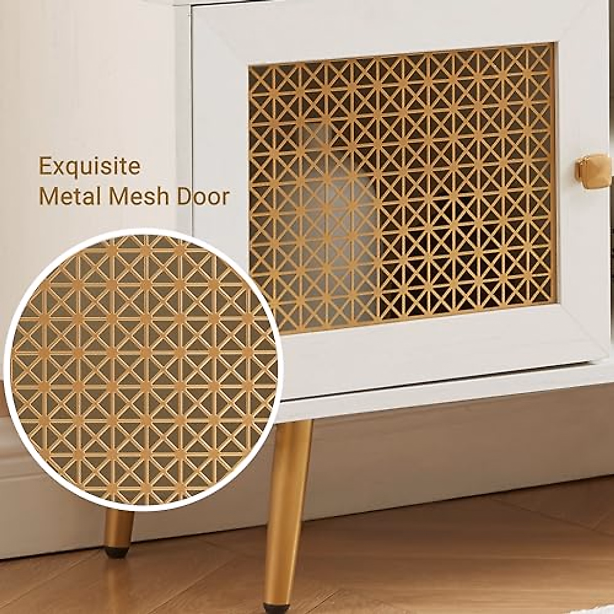 JYED DECOR Antique White Mid Century TV Stand with Metal Mesh Doors and Open Shelving, Media Console for TV up to 65 Inches, Entertainment Center for Living Room, Bedroom