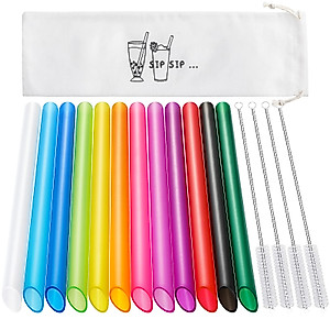 Angled Tips, 12 Pcs Wide Reusable Boba Straws with 4 Brushes & 1 Bag - Multi Colors Jumbo Smoothie Straws, BPA-Free Plastic for Bubble Tea (Tapioca, Boba Pearls), Milkshakes.