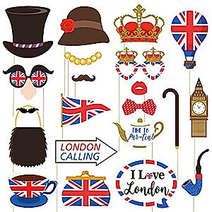 Amosfun British Photo Booth Props Funny British Party Props UK England Selfie Props for British London National Day Party Decorations,Pack of 20
