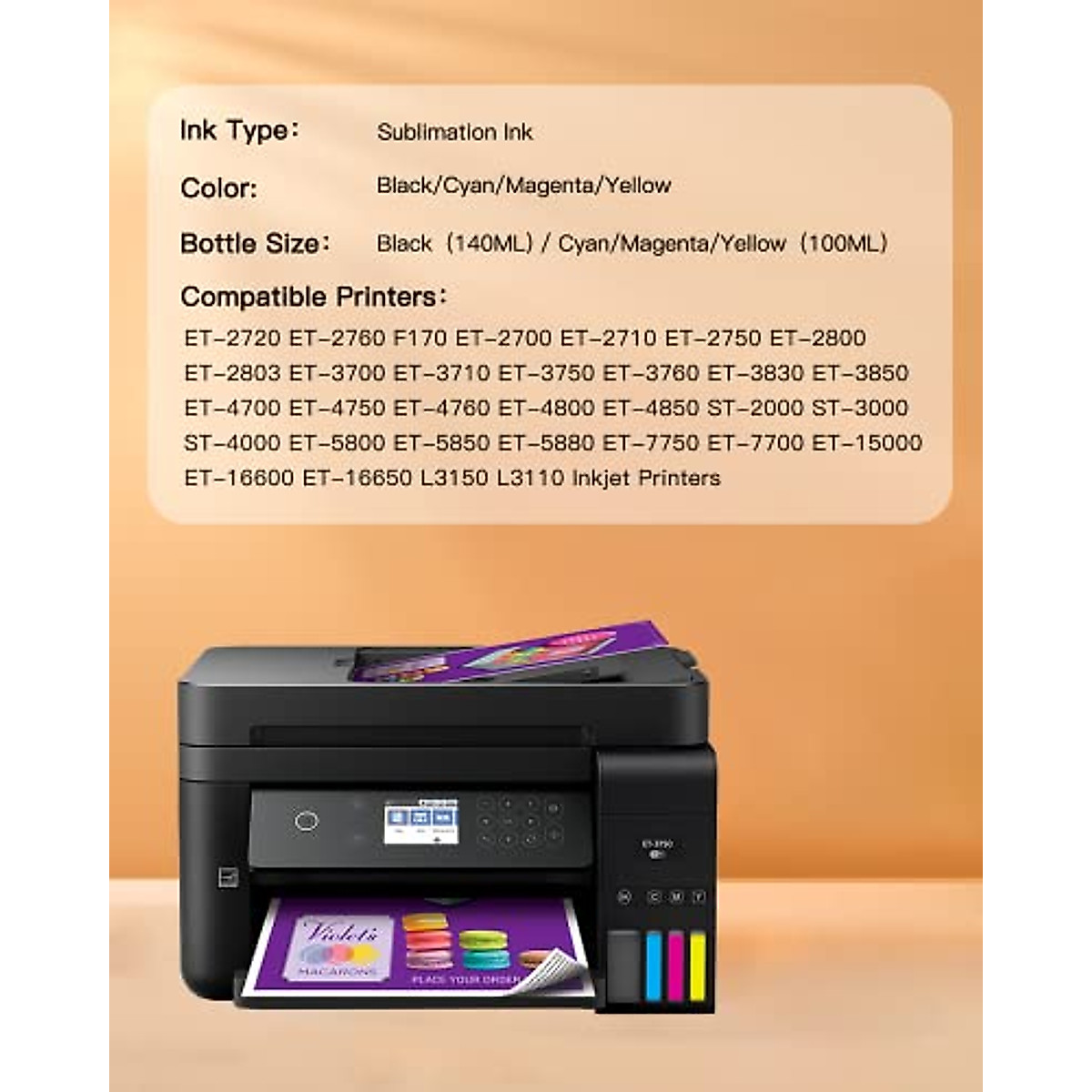 DewDeck 440ML Sublimation Ink Refill for EcoTank Supertank F170 ET-2720 ET-2760 ET-2800 ET-2803 ET-2850 ET-3710 ET-3760 ET-4700 ET-4760 ET-4800 ET-15000 ET-7710 (ICC Free / Anti-UV / Autofill)