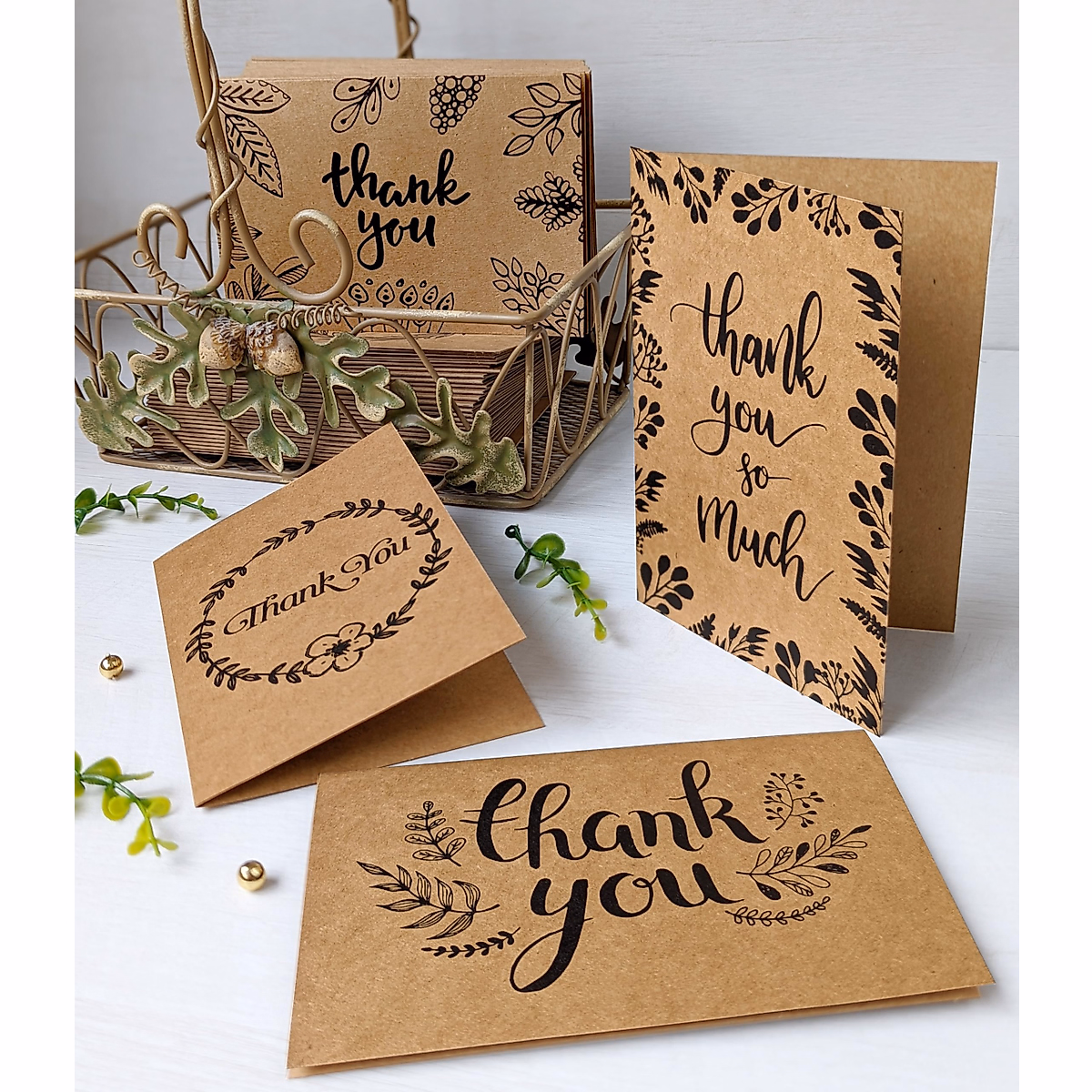 150 Thank You Cards with Matching Brown Kraft Envelopes and Stickers - Elegant 10 Designs Kraft Paper Bulk Blank Notes, Prefolded 4x6 Inch Blank