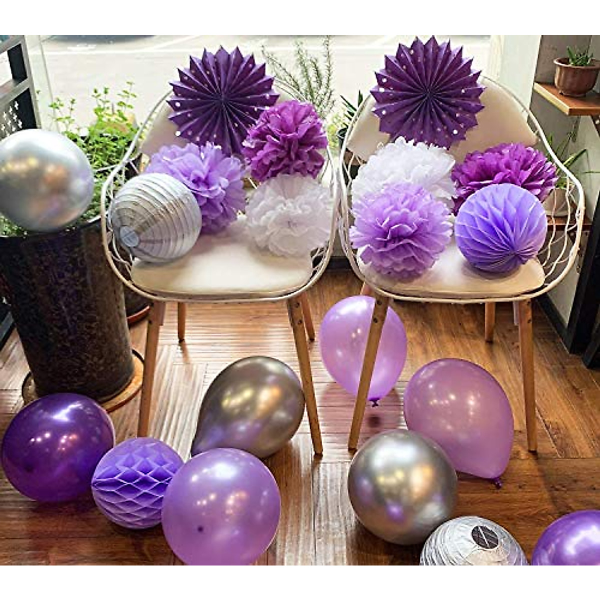 Purple Silver Birthday Decorations for Women Purple Silver Happy Birthday Balloons Latex Balloons Polka Dot Paper Fans/ Women's 30th/40th/50th/60th Birthday/Purple Birthday Decorations