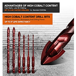 FEWELL Masonry Drill Bits 10 Pcs, Concrete Drill Bit Set Size 1/8" to 1/2", Professional High Cobalt Drill Bit Set for Tile Glass/Metal Brick Concrete Ceramic Plastic Wood