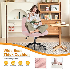 Criss Cross Legged Chair with Wheels, Home Office Desk Chair Wide Seat Fabric Armless Height Adjustable 360° Swivel Chair for Vanity/Work, Faux Fur Pink