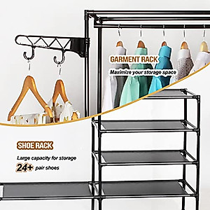 Kertnic 4-Tier Shoe Rack Storage Organizer for Entryway, Free Standing Black Shoes Rack and Boots Racks, Versatile Shoe Shelf Stand with Coat Hanging Garment Rack for Bedroom