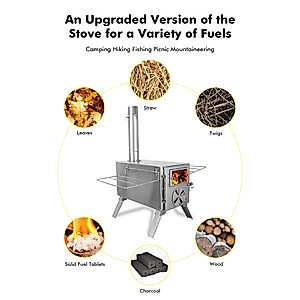 Camping Stove for Hot Tents, LAMA 304 Stainless Steel Wood Burning Stove with Stainless Wall Chimney Pipes for Tents, Shelter, Outdoor Portable Stove for Camping Heating and Cooking