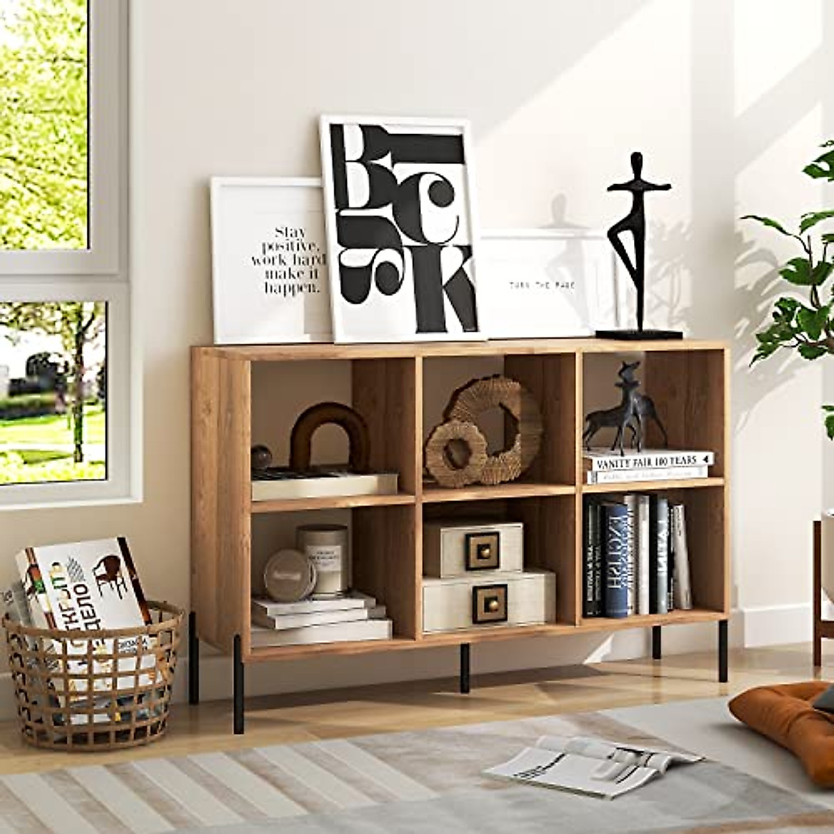 Tangkula 6 Cube Bookshelf, 2-tier Wood Storage Open Bookcase with Elevated Metal Legs, 5-Position Adjustable Shelf, Anti-toppling Device, Freestanding Organizer Storage Shelf for Home Office (Natural)