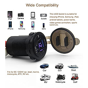 Dual USB Quick Charge 3.0 Port & PD USB C Car Charger Socket, 12V USB Outlet with Voltmeter and Power Switch for Car Boat Marine Truck