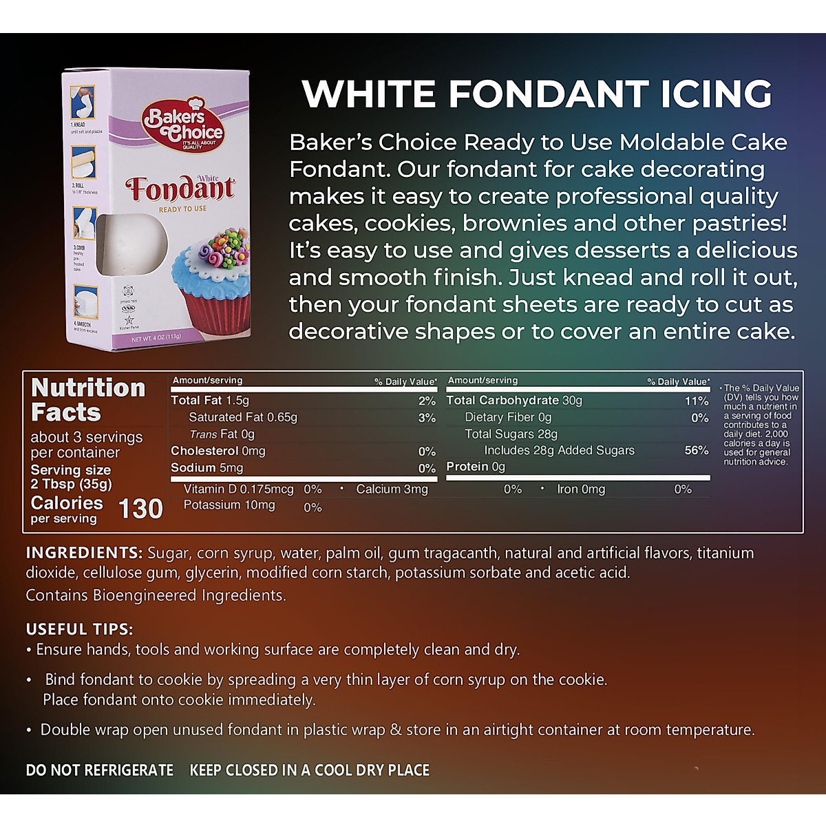 White Fondant Icing - 4 oz. - Ready to Use Cake Decorating Frosting - Easy To Roll, Moldable, Kosher, Dairy Free, and Nut Free - White Fondant For Cakes Cupcakes and Cookies - By Baker’s Choice