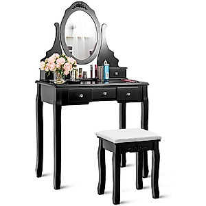Vanity Table Set, Wooden Dressing Table with Oval 360° Rotating Mirror, 5 Storage Drawers, Painted Finish, Vanity Makeup Table with Padded Stool Seat, Detachable Table Top, Easy to Assemble (Black)