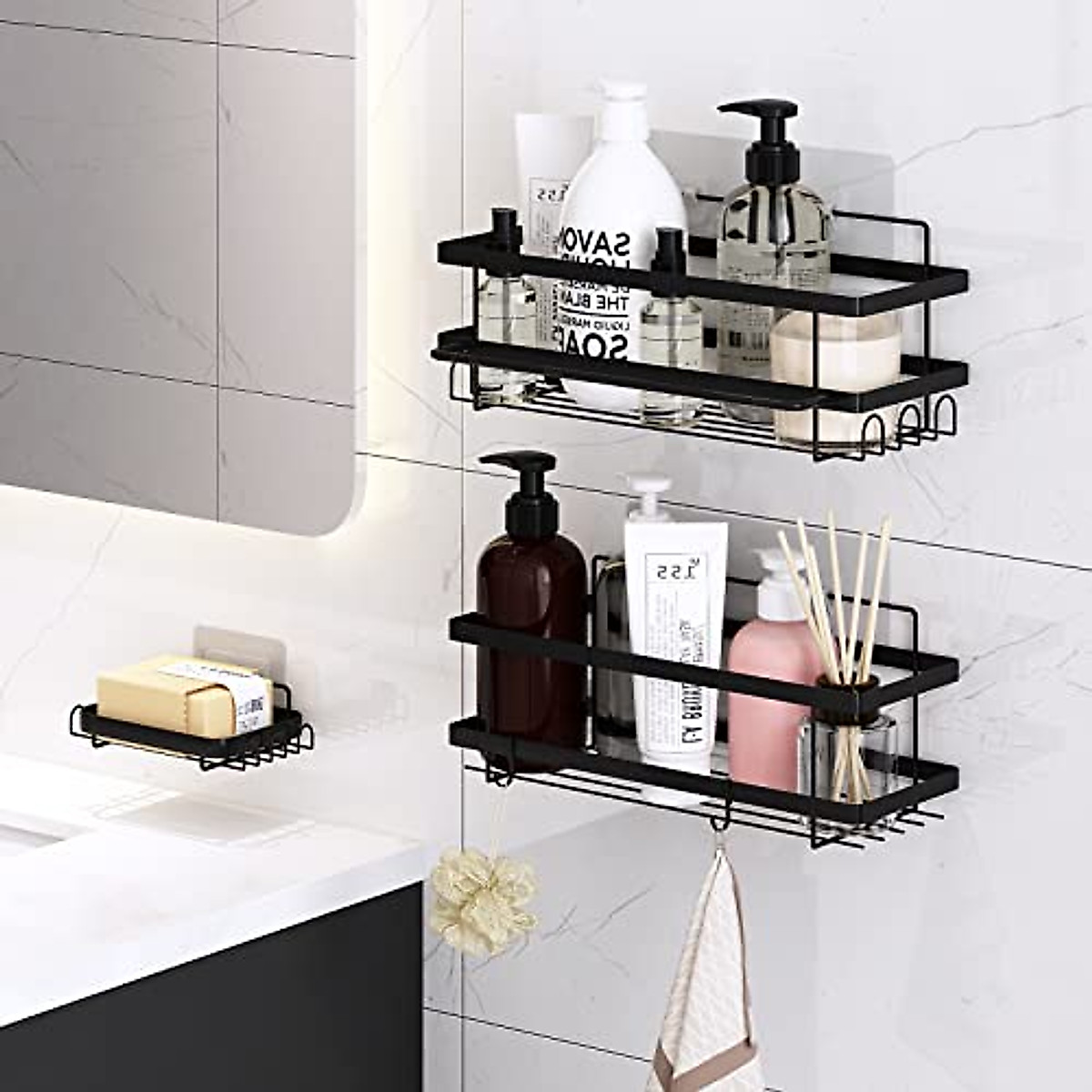Apsan Shower Caddy,Bathroom Organizer,No Drilling Adhesive Rustproof Shower Shelves, Shower Organizer for Inside Shower, Kitchen Organization and Storage-3 Pack (Black)