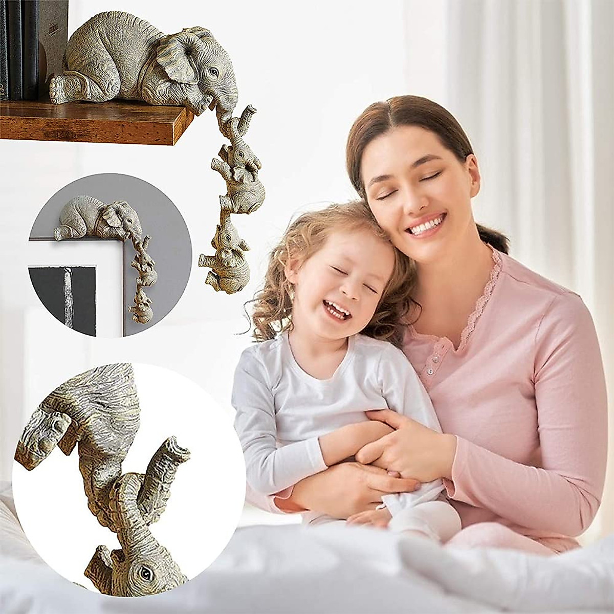 Elephant Sitter Resin Figurines, Elephant Mothers Hanging Two Babies Statue, Suitable for Home Decoration on Shelf or Table Edge, Collections Figurines Gifts for Mother's Day