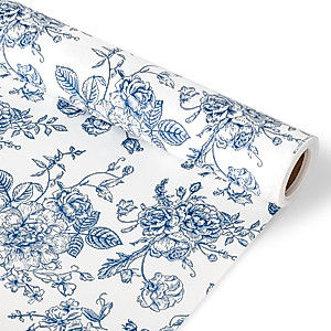 JarThenaAMCS Floral Wrapping Paper Mini Roll 17in x 32.8Ft Blue White Flowers Gift Wrap Paper Chinoiserie Paper for Birthday Wedding Baby Shower Holiday Party Wrapping Supplies