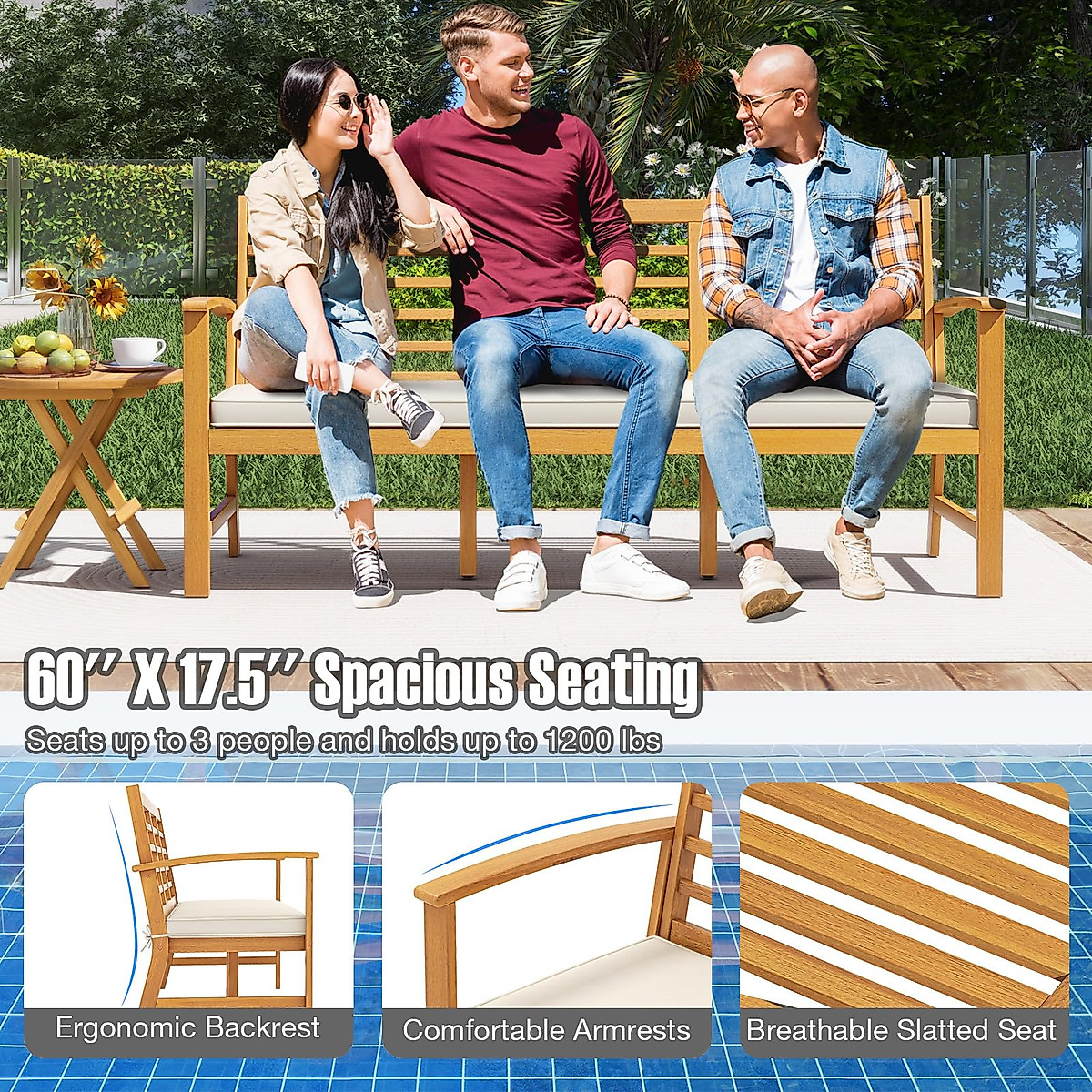 Giantex Acacia Wood Outdoor Bench, 3-Seat Patio Bench with Removable Cushion, Slatted Seat & Backrest, 1200 Lbs Capacity, 64 Inches Extra Long Park Bench for Backyard, Porch, Balcony, Garden Bench