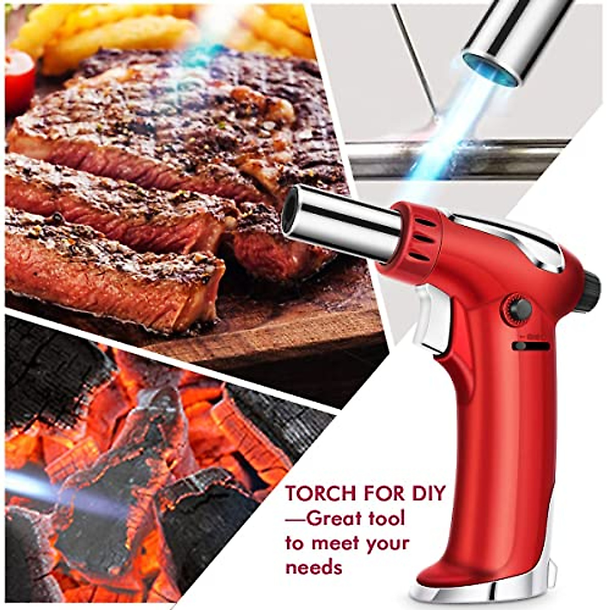 Butane Torch, Vimzone Torch Lighter with Safe Lock, Adjustable Flame Blow Torch, Fit All Butane Tanks Kitchen Torch for BBQ, Baking, Brulee Creme, and Desserts (Butane Gas Not Included) Red…