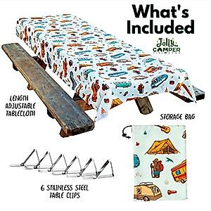 Jolly Camper Vintage Style Camping Tablecloth, Picnic Tablecloth, Fits 4ft to 8ft Picnic Tables, Polyester, Washable & Reusable, Spill & Stain Resistant, Water Repellent, Table Cloth for Picnic Table